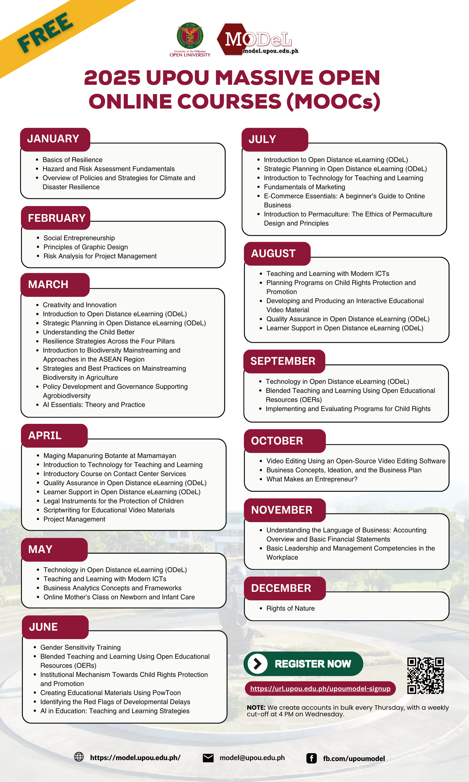 UPOU MODeL: 2025 MOOCs Calendar | UPOU MODeL